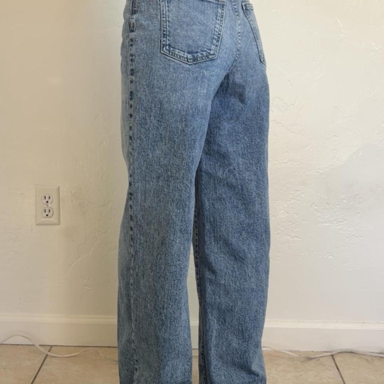 High-waisted, straight-leg, wide-leg blue cotton... | Depop