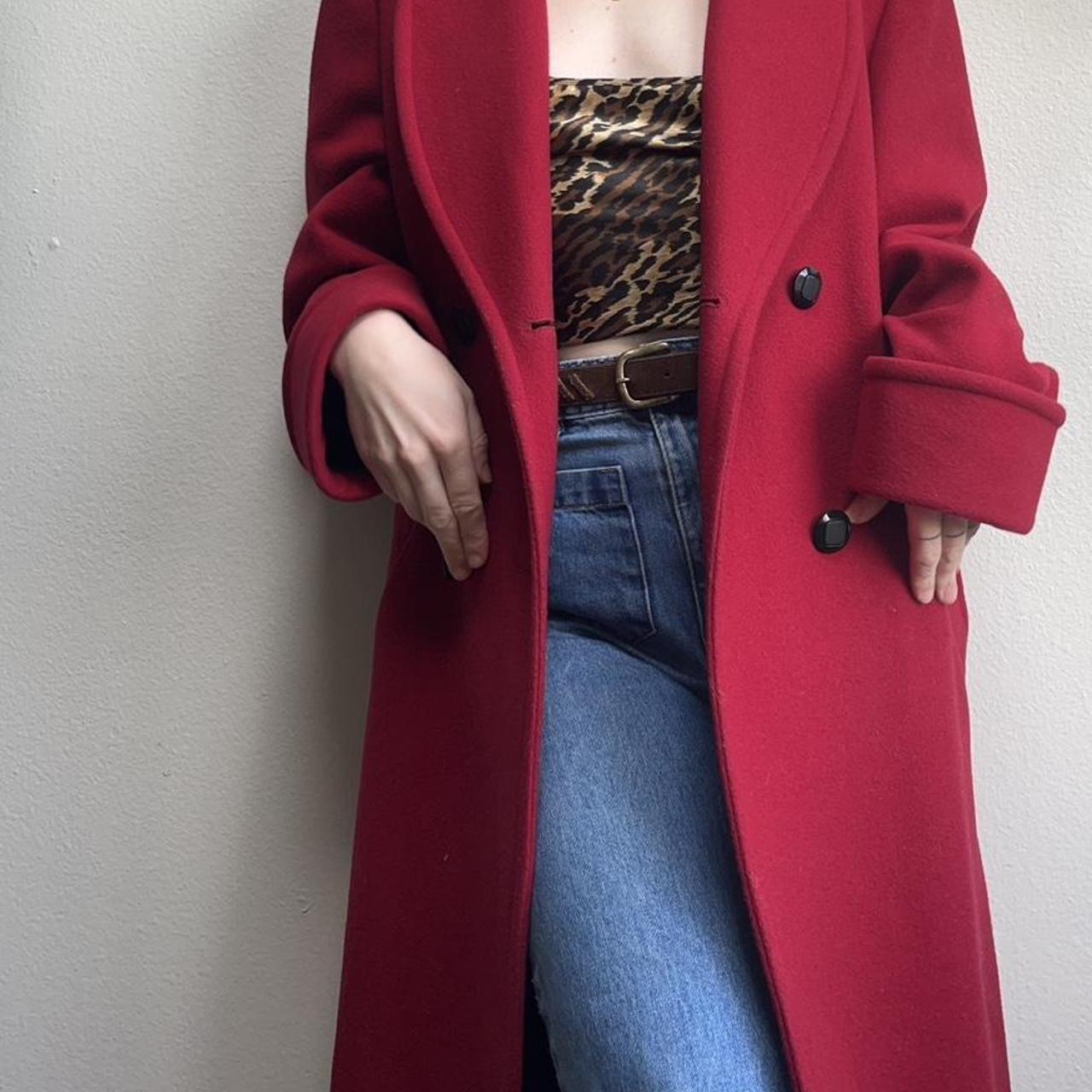 Vintage cherry red wool trench with black velvet... | Depop