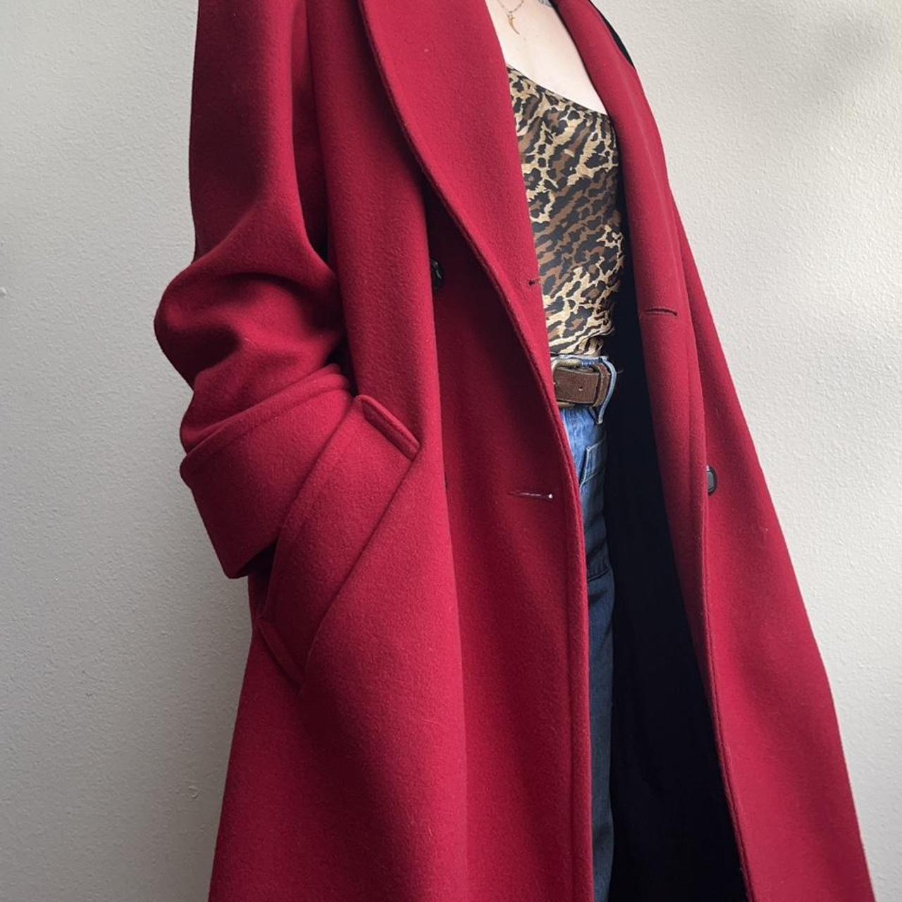 Vintage cherry red wool trench with black velvet... | Depop