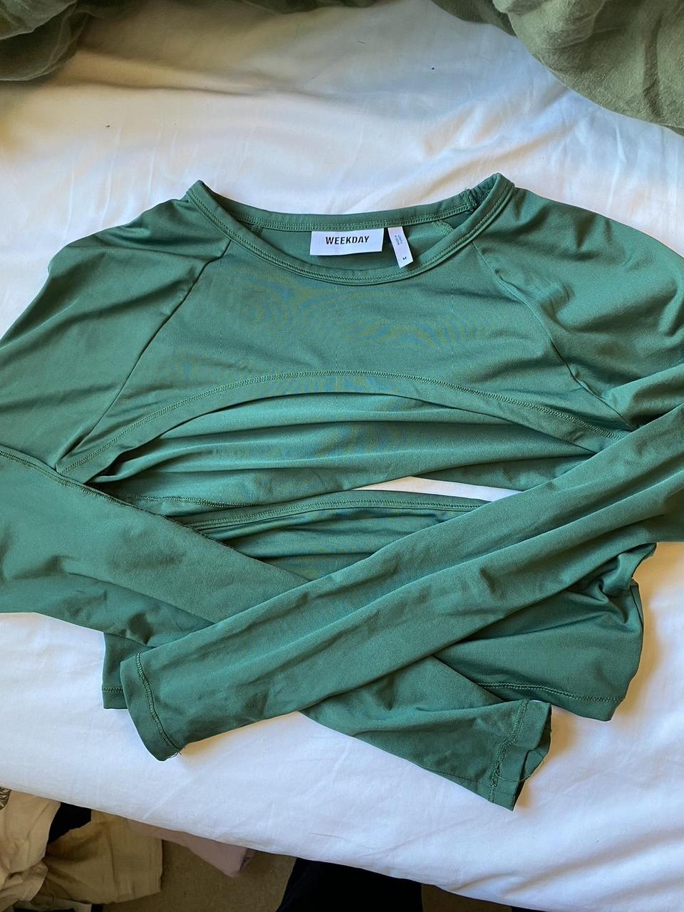 Green Weekday two piece crop top with thumb holes... - Depop