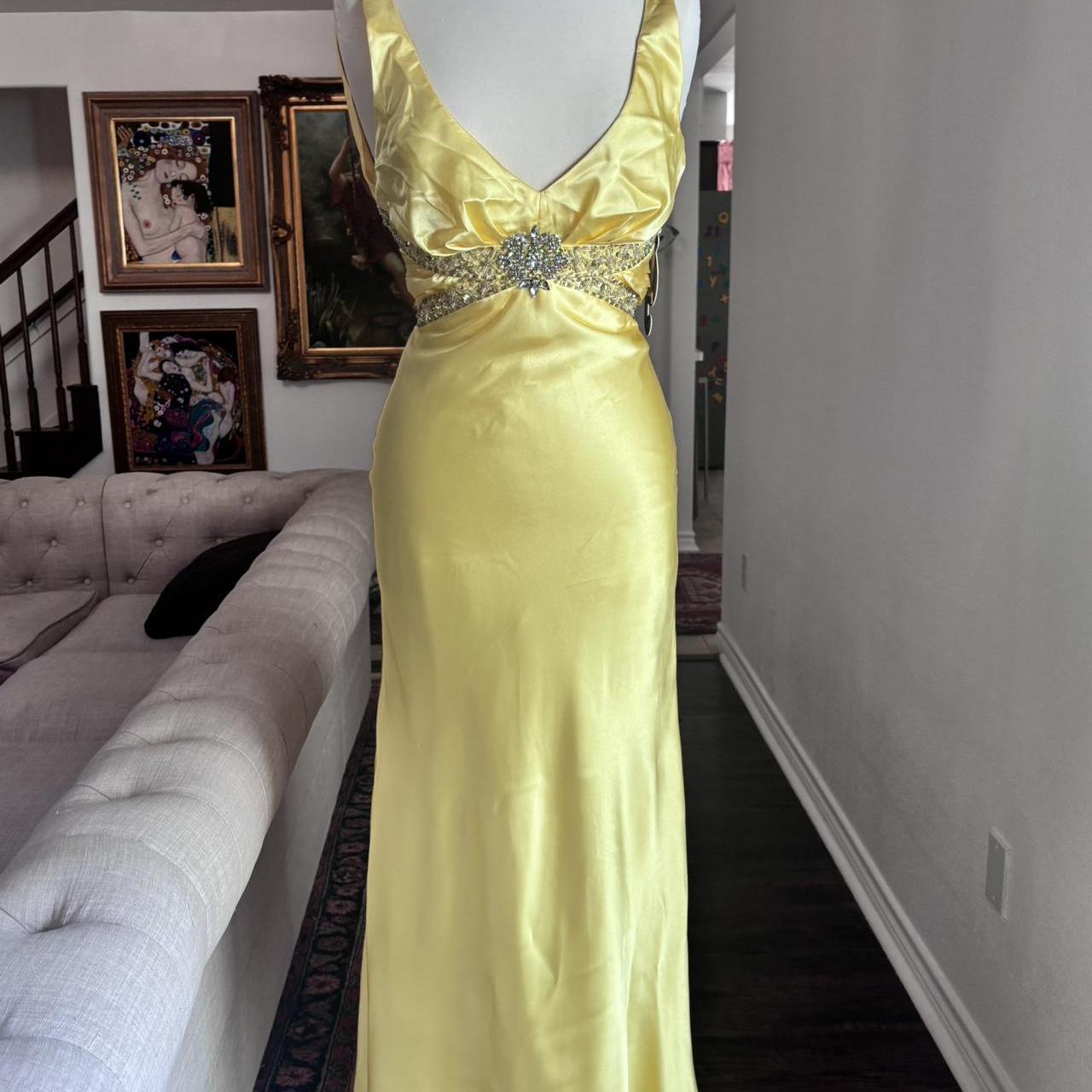STUNNING yellow satin maxi dress with beaded waist,... | Depop