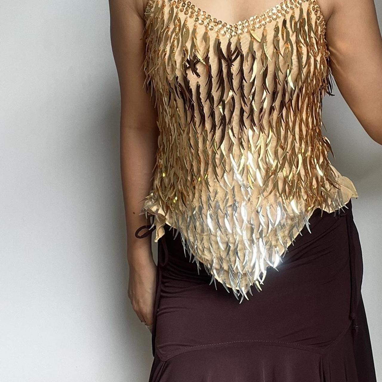 2000s Gold sequin mesh top with embellishments... | Depop