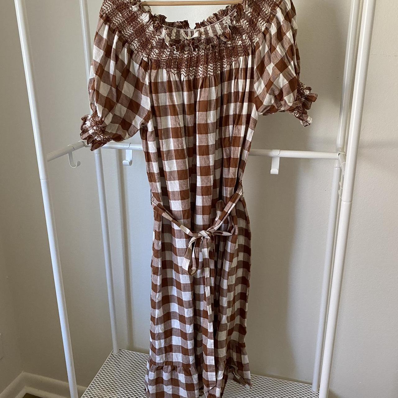 Doen autumn Brown and cream gingham dress with puffy... | Depop
