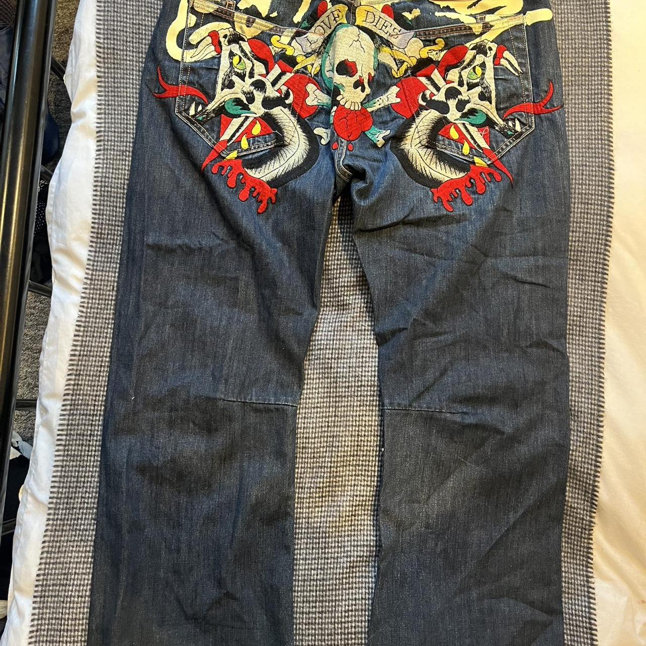 Ed hardy patch work blue denim jeans Bit of wear on... | Depop